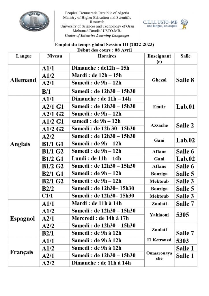 Emploi du temps – Centre d’Enseignement Intensif des Langues