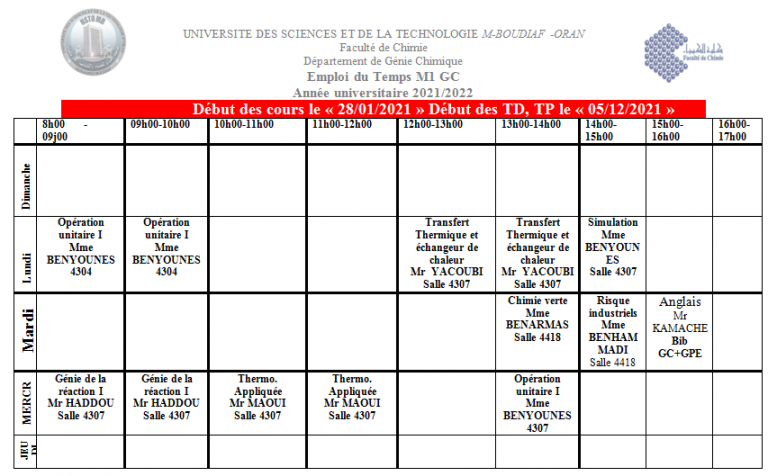 Emplois du Temps M1 Génie Chimique – Faculté de Chimie, Université des sciences et de la technologie