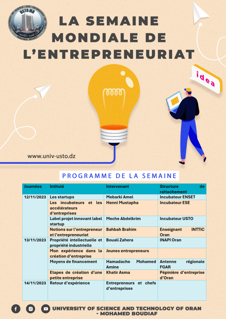 Programme de la semaine mondiale de l’entrepreneuriat – جامعة وهران للعلوم و التكنولوجيا محمد بوضياف